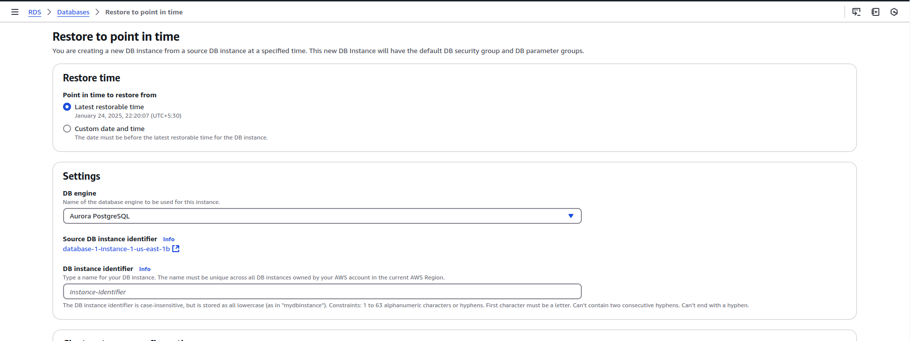 Amazon RDS point in time recovery